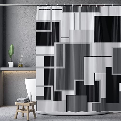 mamrug 4pcs Black Bathroom Shower Curtain Set,Modern Geometric with Non-Slip Rugs,U Shape Rug and Toilet Lid Cover Accessories,with 12 Hooks Waterproof Shower Curtains 72"x 72" Bathroom Decor