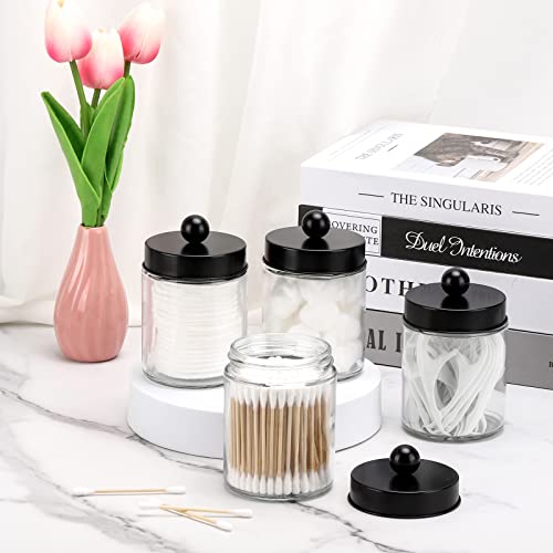 Tbestmax Glass Qtip Holder Dispenser, 10-Ounce Bathroom Containers Apothecary Jars with Metal Lids for Cotton Ball Swab Pad, Black (4 Pack)
