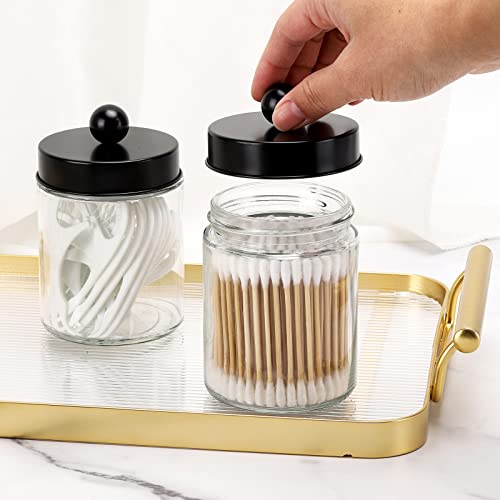 Tbestmax Glass Qtip Holder Dispenser, 10-Ounce Bathroom Containers Apothecary Jars with Metal Lids for Cotton Ball Swab Pad, Black (4 Pack)