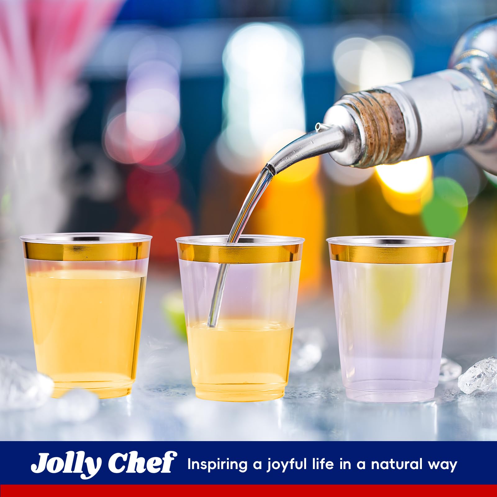 JOLLY CHEF 100 Pack 10 oz Gold Plastic Cups, Clear Plastic Glasses Tumblers, Elegant Gold Rimmed Disposable Cups Perfect for Weddings, Thanksgiving Day, Christmas