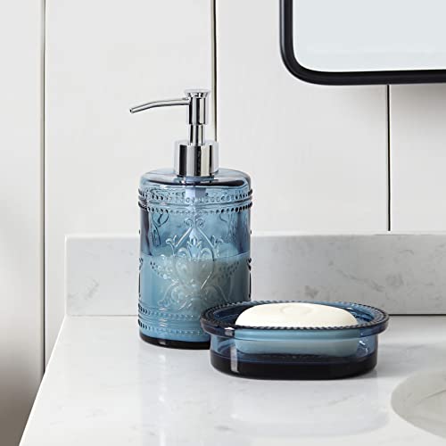 5PCs Dark Blue Glass Bathroom Accessories Set with Decorative Pressed Pattern - Includes Hand Soap Dispenser & Tumbler & Soap Dish & Toothbrush Holder & Wastebasket