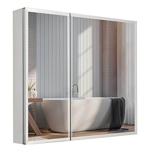 MOVO Double Doors Medicine Cabinet with Mirror, 30 inch X 26 inch Aluminum Bathroom Medicine Cabinet, Adjustable Glass Shelves, Waterproof and Rust-Resist, Recess or Surface Mount