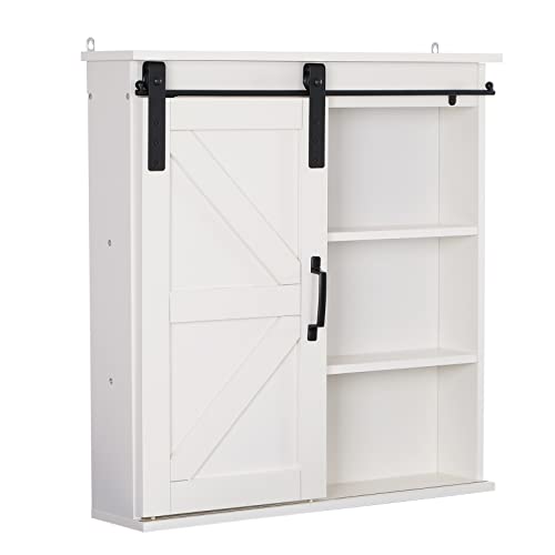 Sophia & William Medicine Cabinet with Farmhouse Sliding Barn Door, Bathroom Wall Mounted Cabinet with 3 Tier Storage, Ivory