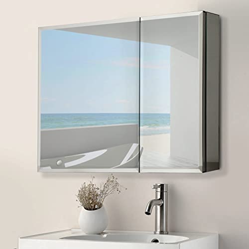 MOVO Double Doors Medicine Cabinet with Mirror, 30 inch X 26 inch Aluminum Bathroom Medicine Cabinet, Adjustable Glass Shelves, Waterproof and Rust-Resist, Recess or Surface Mount