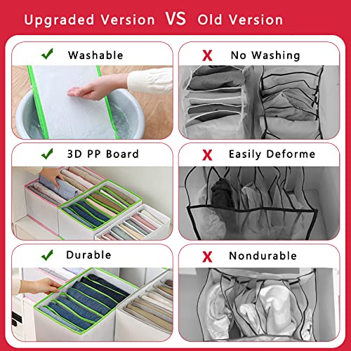 EIIXMSO Wardrobe Clothes Organizer and Storage with Support Board - 2 Pcs of 7 Grids , Large Foldable Closet Drawer Storage Boxes for Jeans T-shirt Pants Legging (Green)