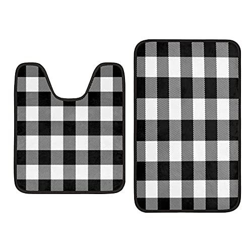 Black and White Plaid Bathroom Rugs Mats Set of 2, Buffalo Check 2 Piece Bath Mats for Bathroom, Absorbent Non Slip Soft Bath Toilet Contour Mat Shower Rugs Decorations for Kitchen Bedroom Indoor