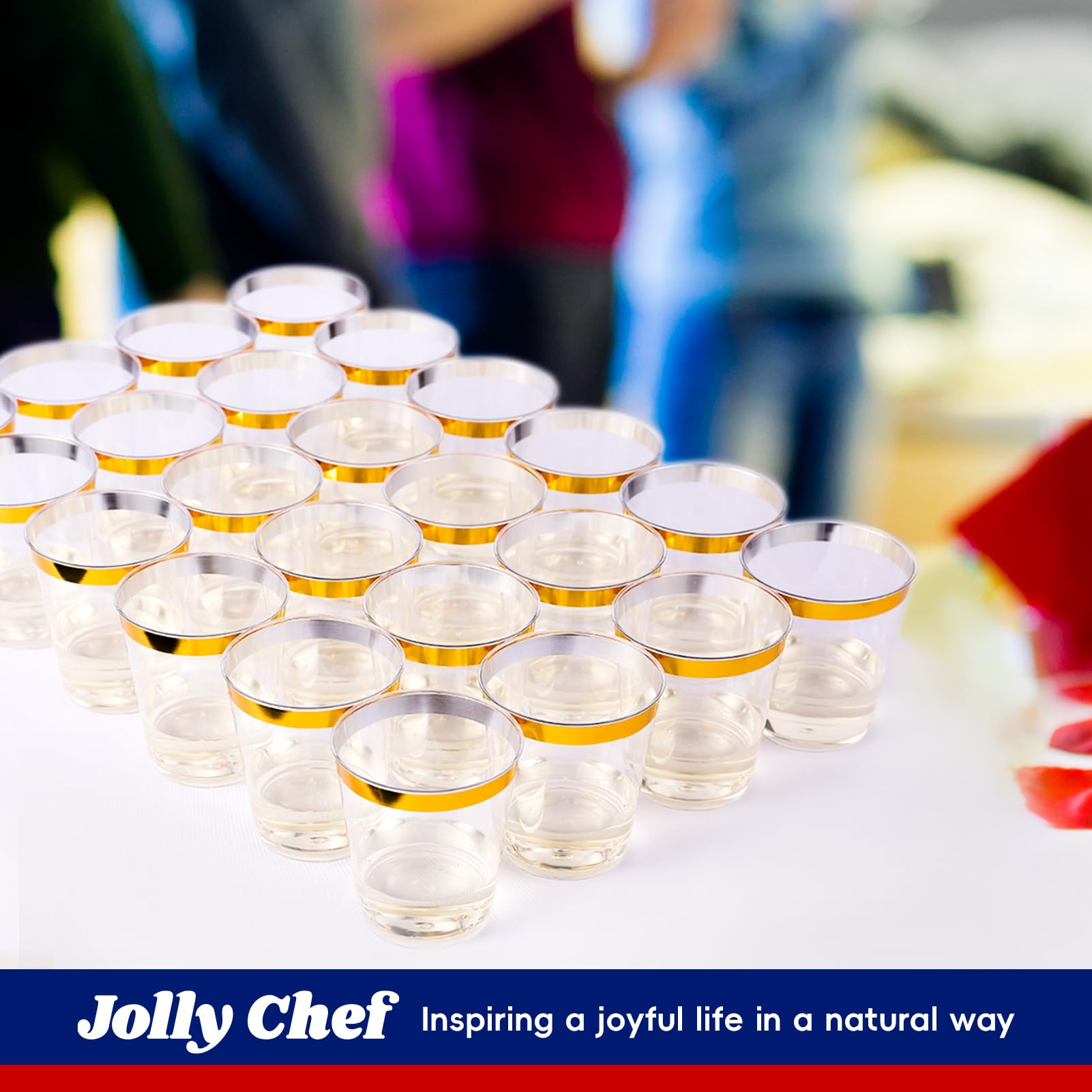 JOLLY CHEF 100 Pack 10 oz Gold Plastic Cups, Clear Plastic Glasses Tumblers, Elegant Gold Rimmed Disposable Cups Perfect for Weddings, Thanksgiving Day, Christmas