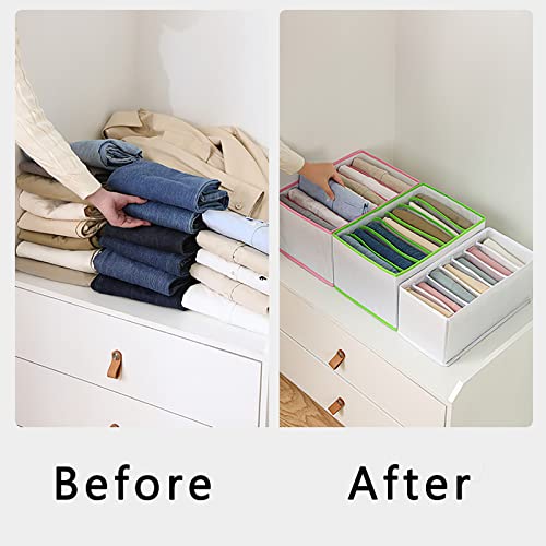 EIIXMSO Wardrobe Clothes Organizer and Storage with Support Board - 2 Pcs of 7 Grids , Large Foldable Closet Drawer Storage Boxes for Jeans T-shirt Pants Legging (Green)