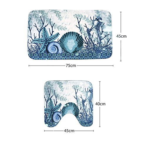 Amagical Sea Shells Seahorse Starfish Pattern 3 Piece Blue Ocean Shower Curtain Bath Mat Set Non Slip Bathroom Mat Contour Mat Fabric Shower Curtain with 12 Hooks
