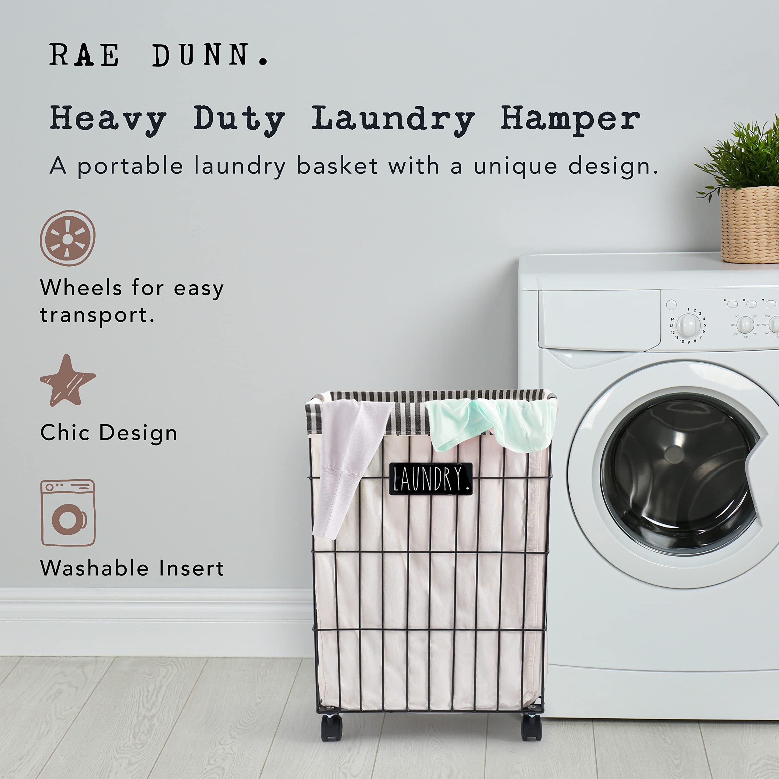 Rae Dunn Heavy Duty Laundry Hamper on Wheels - Black Metal Wire Basket with Liner - Portable Laundry Basket with Removable, Washable Cloth Liner - Laundry Room Accessories
