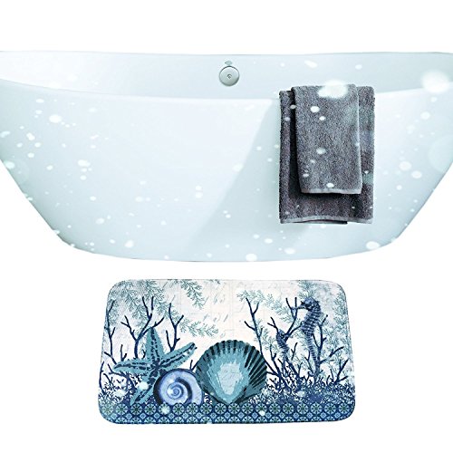 Amagical Sea Shells Seahorse Starfish Pattern 3 Piece Blue Ocean Shower Curtain Bath Mat Set Non Slip Bathroom Mat Contour Mat Fabric Shower Curtain with 12 Hooks