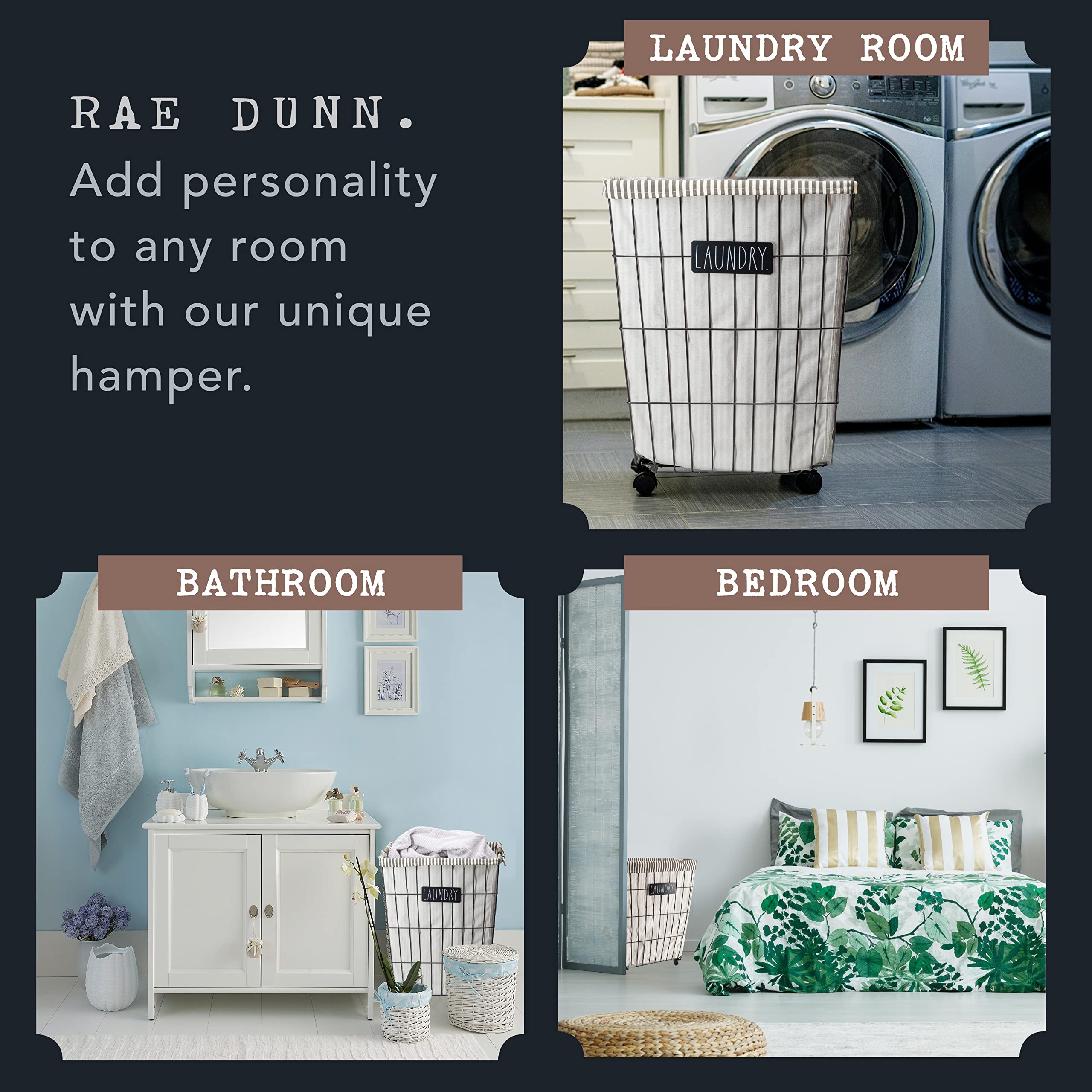 Rae Dunn Heavy Duty Laundry Hamper on Wheels - Black Metal Wire Basket with Liner - Portable Laundry Basket with Removable, Washable Cloth Liner - Laundry Room Accessories