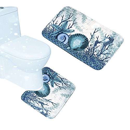 Amagical Sea Shells Seahorse Starfish Pattern 3 Piece Blue Ocean Shower Curtain Bath Mat Set Non Slip Bathroom Mat Contour Mat Fabric Shower Curtain with 12 Hooks
