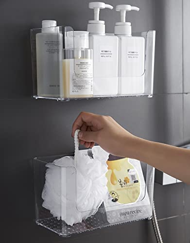 Sooyee 2-Pack Shower Caddies,No Drilling Wall Mounted Bathroom Corner Shelf Organizer with Hooks Suction Kitchen Storage,Stackable Makeup Organizer Stand on Countertop,Clear