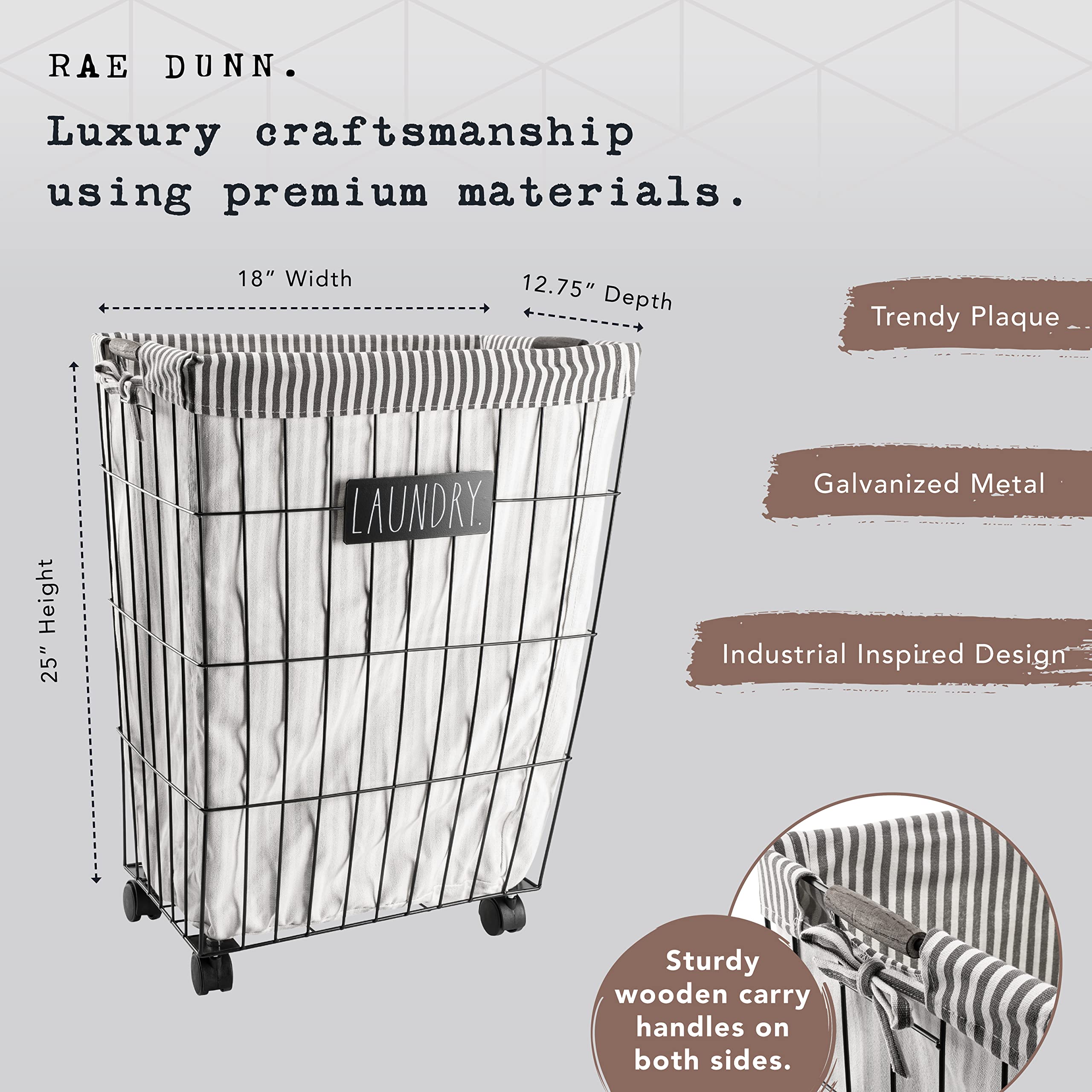 Rae Dunn Heavy Duty Laundry Hamper on Wheels - Black Metal Wire Basket with Liner - Portable Laundry Basket with Removable, Washable Cloth Liner - Laundry Room Accessories