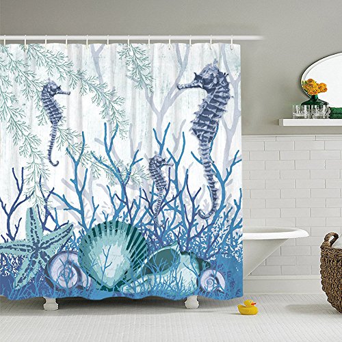 Amagical Sea Shells Seahorse Starfish Pattern 3 Piece Blue Ocean Shower Curtain Bath Mat Set Non Slip Bathroom Mat Contour Mat Fabric Shower Curtain with 12 Hooks