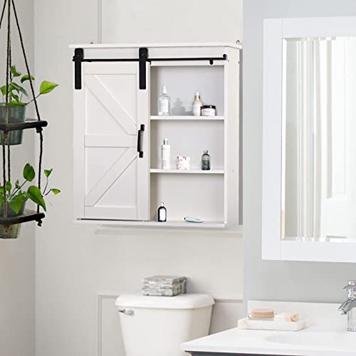 Sophia & William Medicine Cabinet with Farmhouse Sliding Barn Door, Bathroom Wall Mounted Cabinet with 3 Tier Storage, Ivory