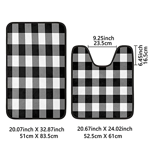 Black and White Plaid Bathroom Rugs Mats Set of 2, Buffalo Check 2 Piece Bath Mats for Bathroom, Absorbent Non Slip Soft Bath Toilet Contour Mat Shower Rugs Decorations for Kitchen Bedroom Indoor