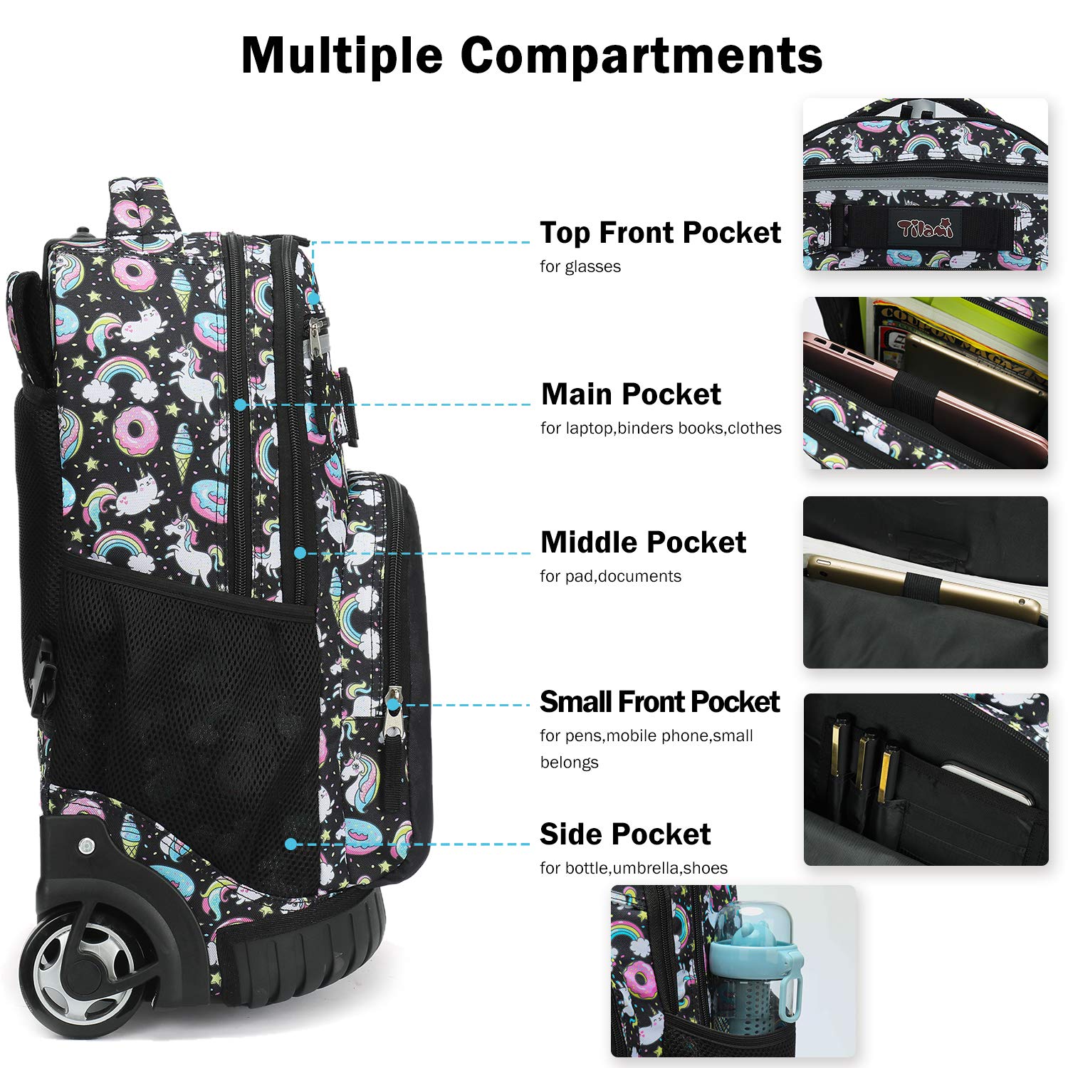 Tilami Rolling Backpack 19 inch with Lunch Bag Wheeled Laptop Backpack, Unicorn Cute