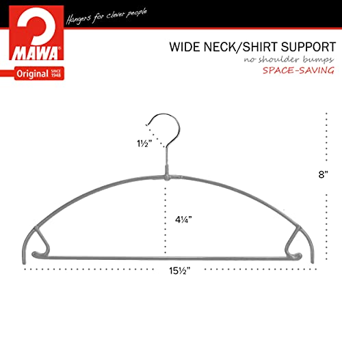 Mawa by Reston Lloyd Euro Ultra Light/Thin Series, Non-Slip Space Saving Clothes Hanger with Bar & Hook for Pants and Skirts, Style 42/PTU, Set of 10, Silver