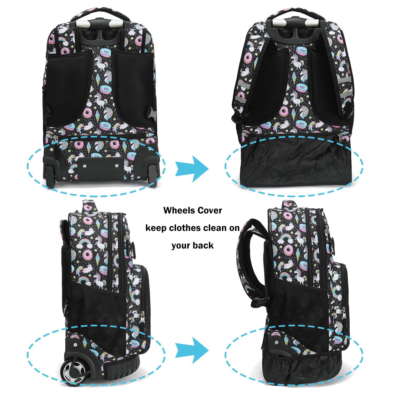 Tilami Rolling Backpack 19 inch with Lunch Bag Wheeled Laptop Backpack, Unicorn Cute
