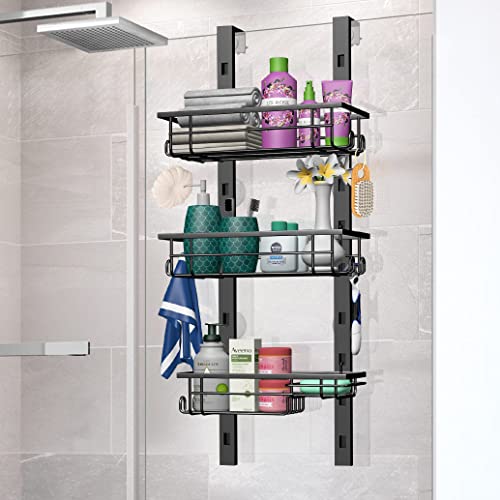 Spaclear Over The Door Shower Caddy, 3-Tier Adjustable Hanging Shower Shelves, Rustproof Stainless Steel with Hook Bathroom Organizer with Soap Holder for Inside Bathroom & Kitchen Storage, Black