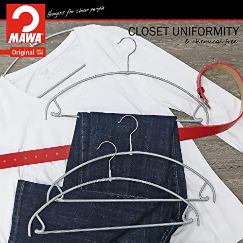 Mawa by Reston Lloyd Euro Ultra Light/Thin Series, Non-Slip Space Saving Clothes Hanger with Bar & Hook for Pants and Skirts, Style 42/PTU, Set of 10, Silver
