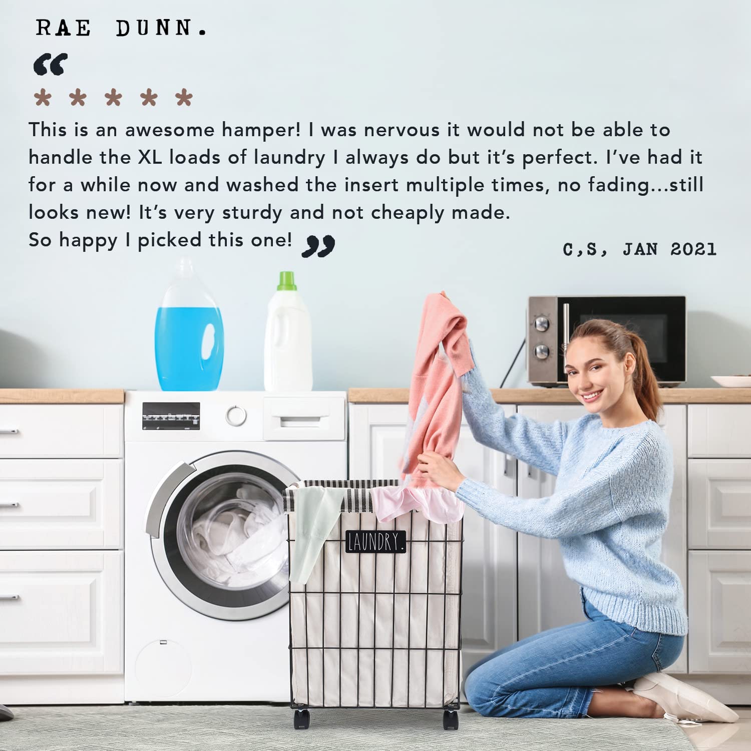Rae Dunn Heavy Duty Laundry Hamper on Wheels - Black Metal Wire Basket with Liner - Portable Laundry Basket with Removable, Washable Cloth Liner - Laundry Room Accessories