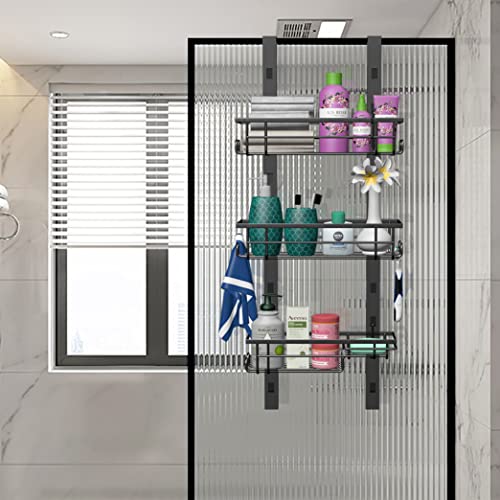 Spaclear Over The Door Shower Caddy, 3-Tier Adjustable Hanging Shower Shelves, Rustproof Stainless Steel with Hook Bathroom Organizer with Soap Holder for Inside Bathroom & Kitchen Storage, Black
