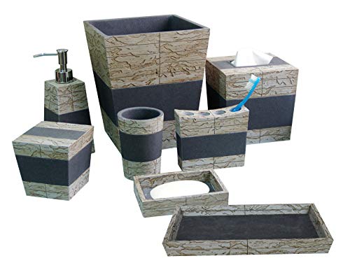 nu steel Rustic (Set of 8) Bath Accesory Set in Real Cement and Stone: Includes Q-tip Jar, Soap Dish, Toothbrush Holder, Tumbler, Soap/ Lotion Dispenser, Wastebasket, Tissue Box Holder, Amenity Tray