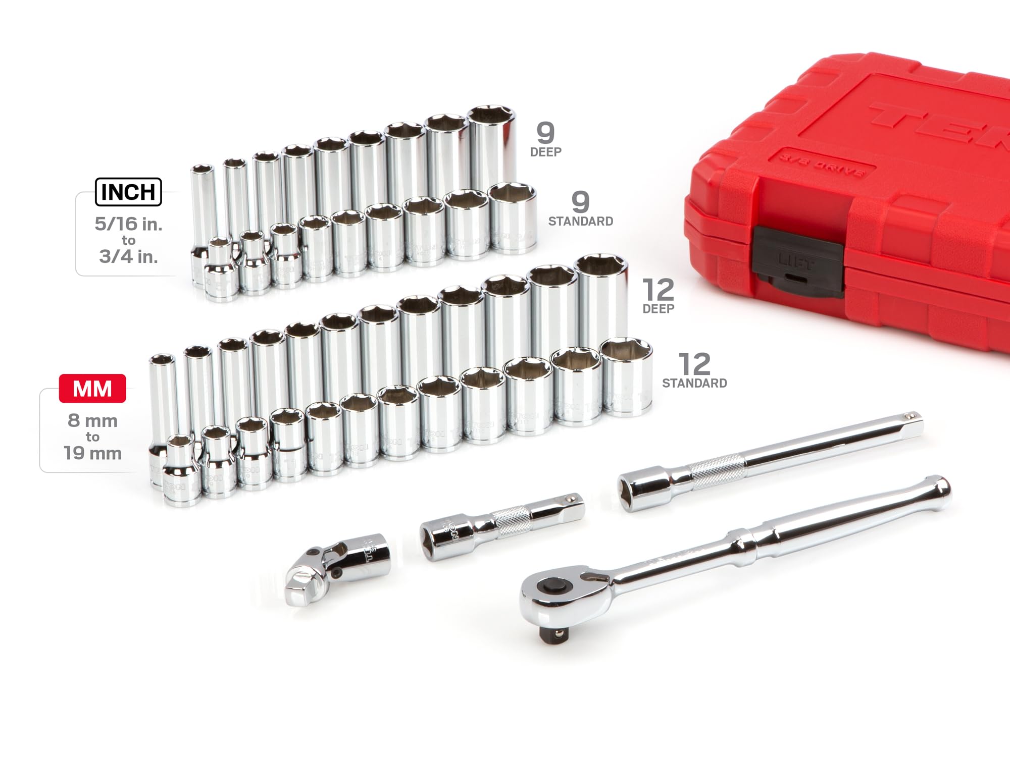 TEKTON 3/8 Inch Drive 6-Point Socket and Ratchet Set, 46-Piece (5/16-3/4 in., 8-19 mm) | SKT15301