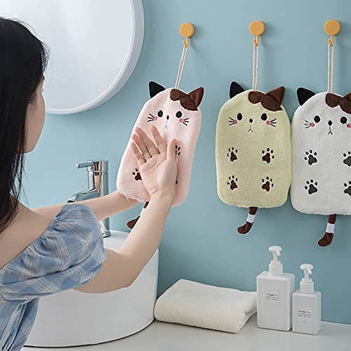 M-Tra Hand Towel β Premium Kitchen Hand Towels with Hanging Loop β Cute Design Dish Towels β Ultra-Absorbent Coral Fleece β Hand Towels for Kitchen, Bathroom, Dishes (1 pcs) (Pink, Kitty)