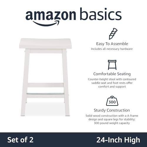 Amazon Basics Solid Wood Saddle-Seat Counter Height Kitchen Island Barstool, 24-Inch Height, White - Set of 2