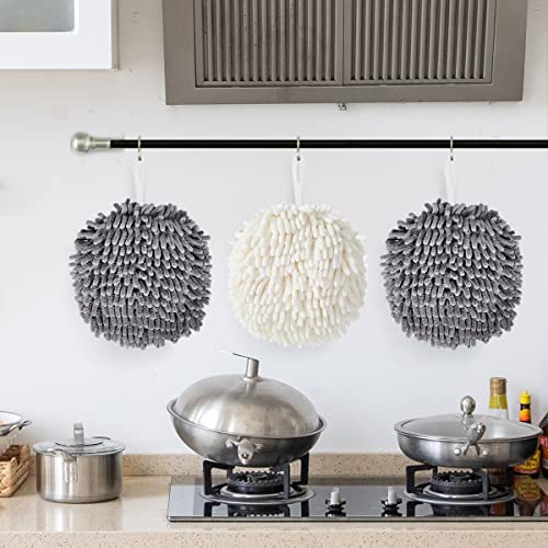 Yigood 6 Pack Chenille Hanging Hand Towel with Hanging Loop Plush Quick-Drying Towel Soft Absorbent Hand Towel for Kitchen Washstand or Powder Room(3Gray +3White)
