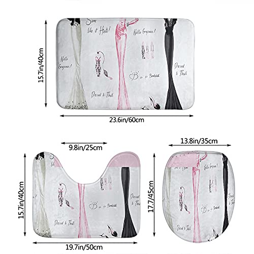 WONDERTIFY Haute Dresses Bathroom Antiskid Pad Elegant Shoes Bags 3 Pieces Bathroom Rugs Set, Bath Mat+Contour+Toilet Lid Cover White Black Subtle Pink