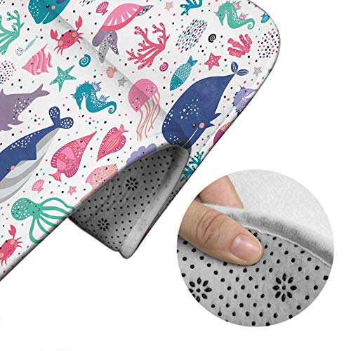 HGOD DESIGNS Sea Bath Mat Colorful Sea Life Cute Fish Jellyfish Starfish Octopus Seamless Pattern Bathroom 3 Piece Set Non-Slip Bathmat Antiskid Pad Doormat and Toilet Lid Cover Set