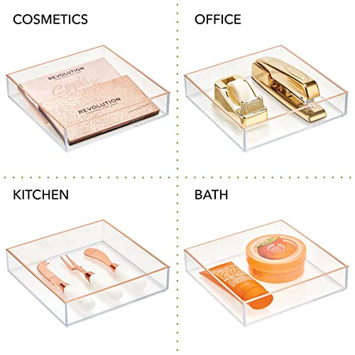 mDesign Plastic Drawer Organizer, Square Storage Tray for Cosmetics, Makeup, and Accessories on Vanity, Countertop, Bathroom, or Cabinet - 3 Pack - Clear/Rose Gold
