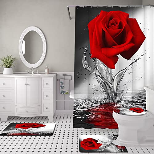 LUKUY 4pcs Rose Shower Curtain Sets with Non-Slip Rugs Toilet Lid Cover and Bath Mat Black and Red Flower Bathtub Curtains Durable Fabric Bath Curtain Set for Bathroom Decor