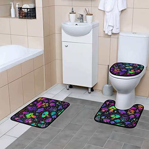 4PCS Bright Psychedelic Mushrooms Shower Curtain Set with Non-Slip Rugs, Toilet Lid Cover and Bath U-Shaped Mat, Bathroom Decor Set Accessories Waterproof Shower Curtain Sets with 12 Hooks