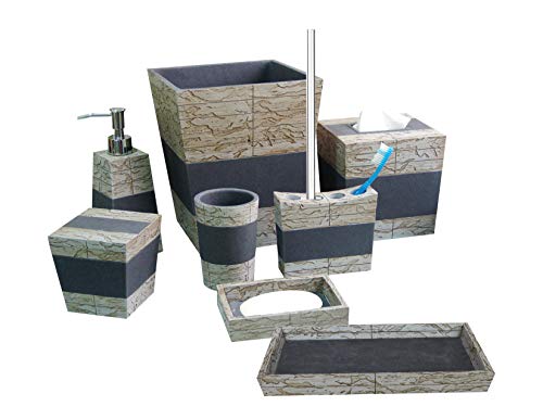 nu steel Rustic (Set of 8) Bath Accesory Set in Real Cement and Stone: Includes Q-tip Jar, Soap Dish, Toothbrush Holder, Tumbler, Soap/ Lotion Dispenser, Wastebasket, Tissue Box Holder, Amenity Tray