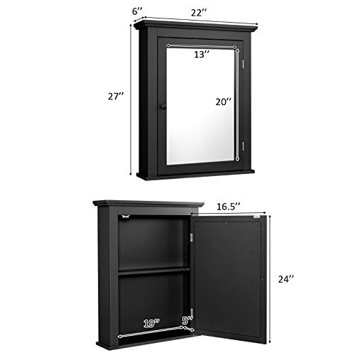 Tangkula Bathroom Cabinet with Mirror, Mirrored Wall-Mounted Storage Medicine Cabinet with Single Door & Adjustable Shelf in 5 Positions, Multipurpose Wall Cabinet for Bathroom Vestibule (Black)