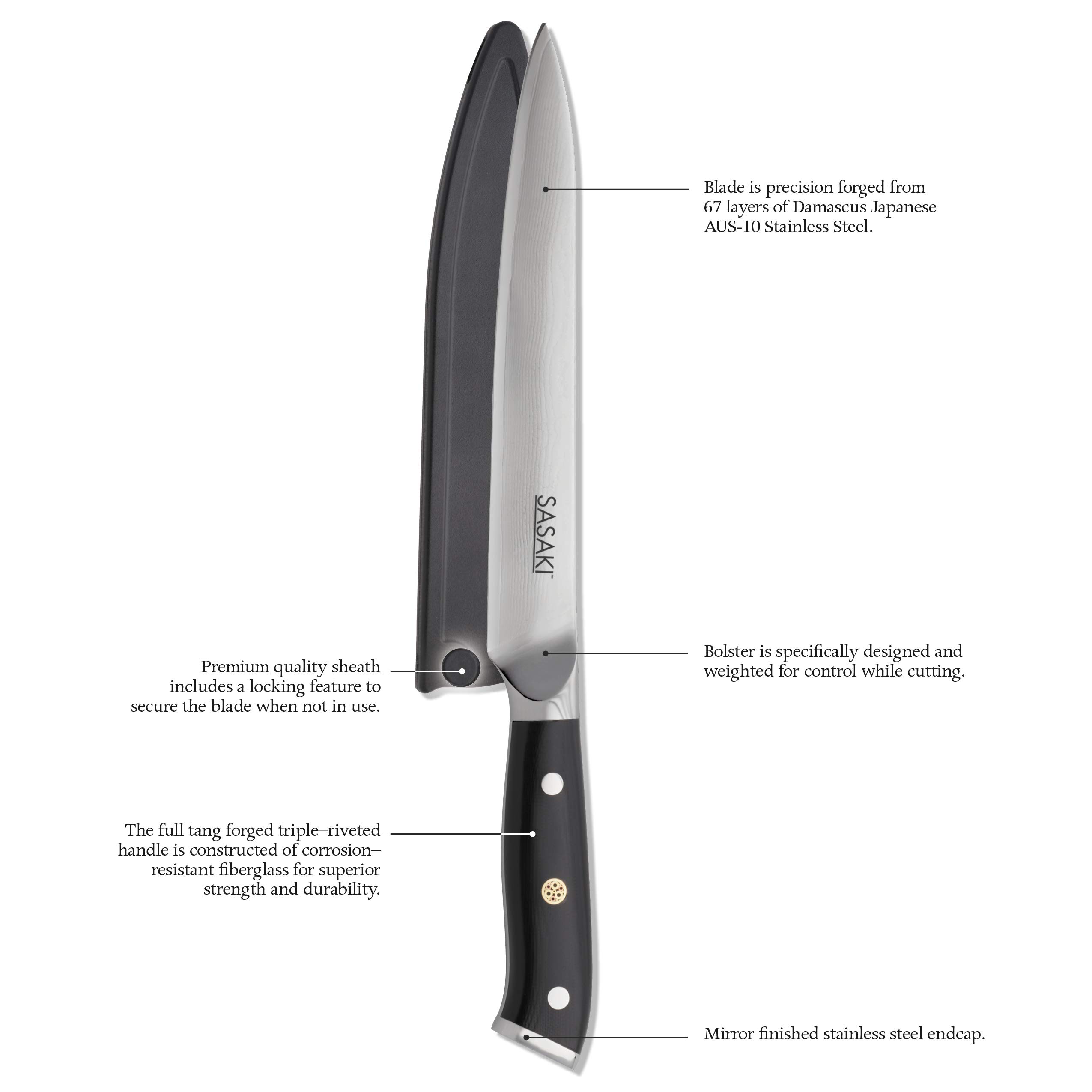 Sasaki Masuta Japanese AUS-10 Stainless Steel Slicing Knife with Locking Sheath, 8-Inch, Black