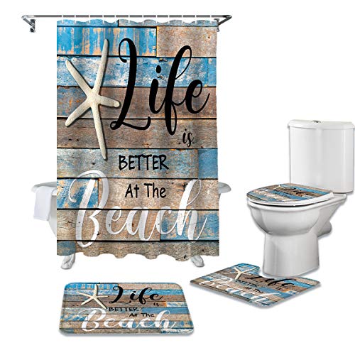 Life is Better at The Beach Starfish 4 Pcs Shower Curtain Sets with Non-Slip Bathroom Rugs Toilet Lid Cover and Bath Mat, Durable Waterproof Curtains with Hooks Rustic Wood Grain