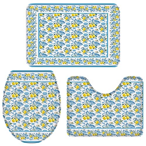 3 Piece Bathroom Rugs Sets Lemon Baroque Non-Slip Toilet Lid Cover for Bathroom Yellow Blue Flowers Watercolor Absorbent Contour Mat with Rubber Backing Floor Mats for Shower -Large