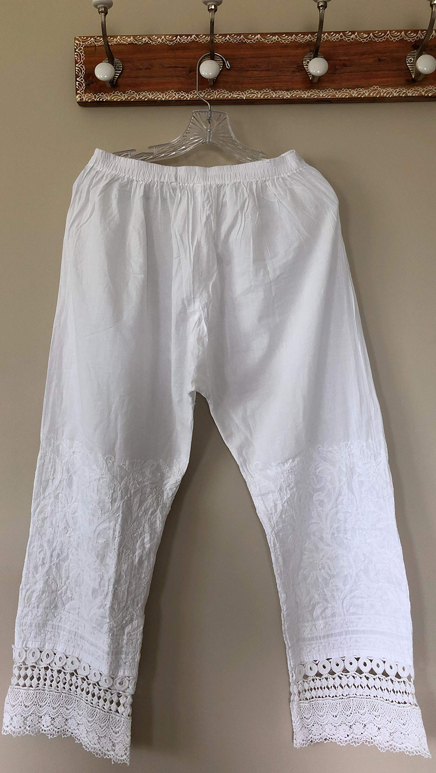 Pure Cotton Chikankari Hand embroidered pants/White Cotton pants/Fits waist upto 42 inches