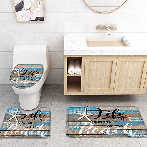 Life is Better at The Beach Starfish 4 Pcs Shower Curtain Sets with Non-Slip Bathroom Rugs Toilet Lid Cover and Bath Mat, Durable Waterproof Curtains with Hooks Rustic Wood Grain