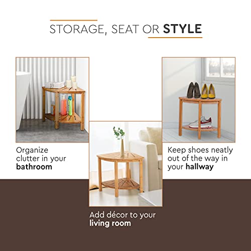 Bamboo Corner Shower Bench - Shower Stool, Shaving Stool with Non-Slip Feet - Wood 2-Tier Seat with Storage Shelf - Bathroom, Living Room, Bedroom, Garden Etc. Seat or Organizer