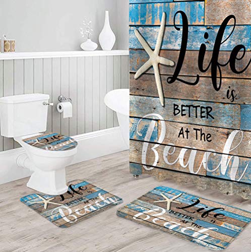 Life is Better at The Beach Starfish 4 Pcs Shower Curtain Sets with Non-Slip Bathroom Rugs Toilet Lid Cover and Bath Mat, Durable Waterproof Curtains with Hooks Rustic Wood Grain
