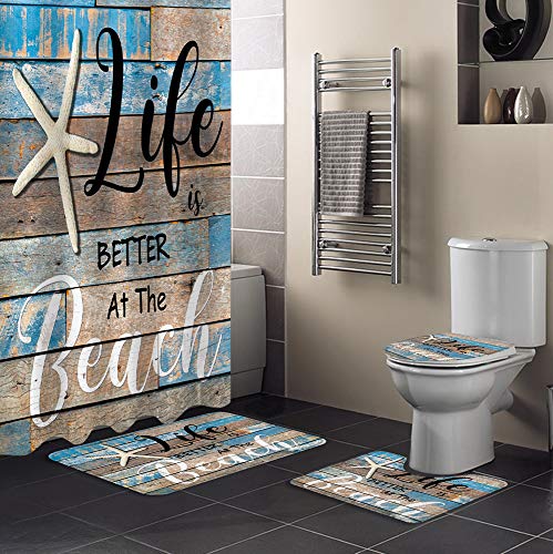 Life is Better at The Beach Starfish 4 Pcs Shower Curtain Sets with Non-Slip Bathroom Rugs Toilet Lid Cover and Bath Mat, Durable Waterproof Curtains with Hooks Rustic Wood Grain