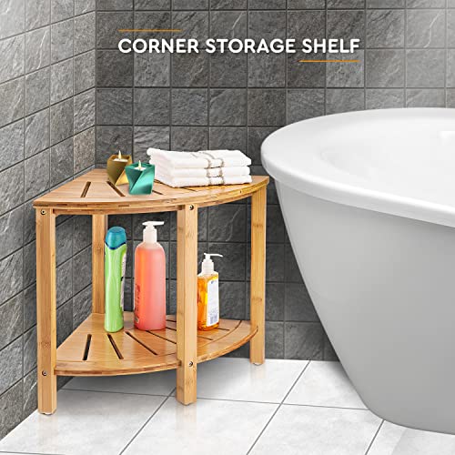Bamboo Corner Shower Bench - Shower Stool, Shaving Stool with Non-Slip Feet - Wood 2-Tier Seat with Storage Shelf - Bathroom, Living Room, Bedroom, Garden Etc. Seat or Organizer